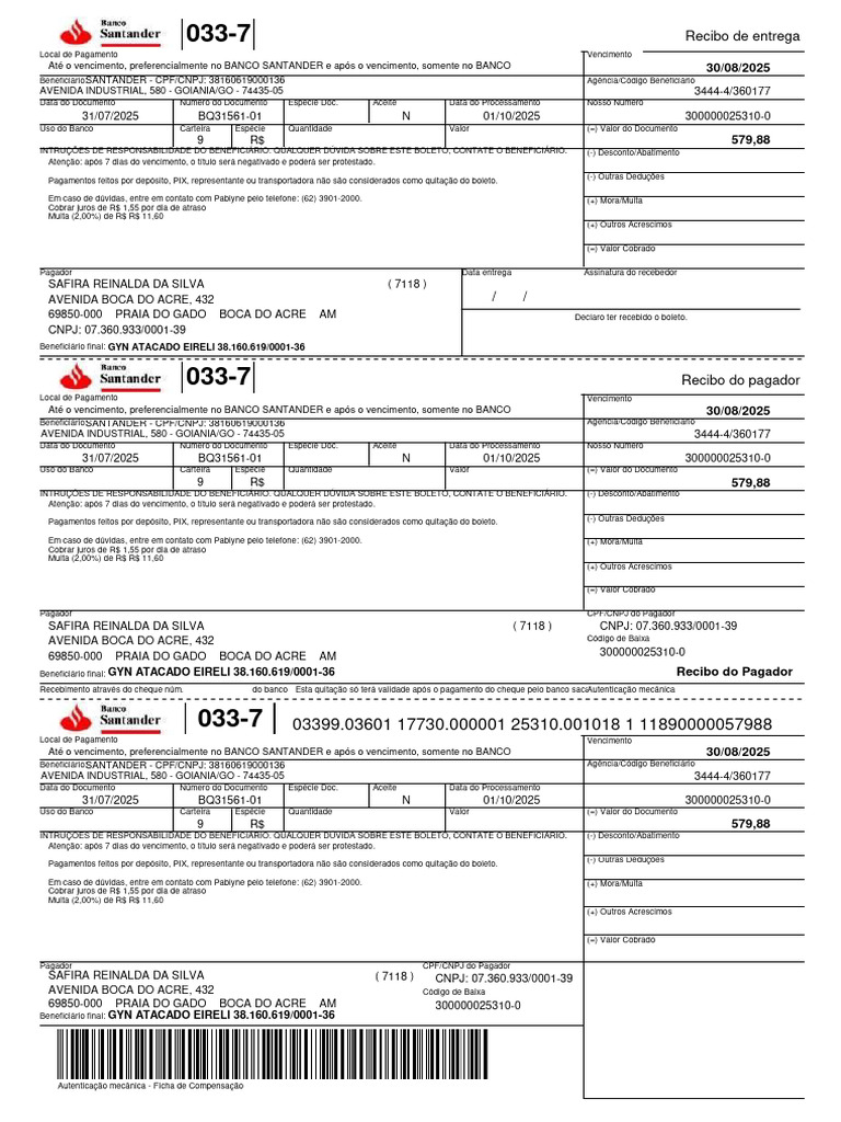 Boleto Santander - Safira Reinalda Silva | PDF | Cheque (banco) | Dinheiro