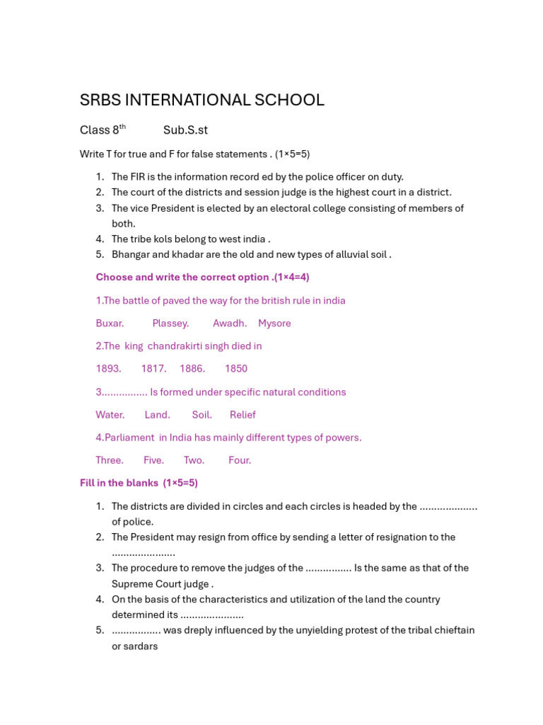 Class 8 Social Studies Worksheet | PDF | Government | Justice