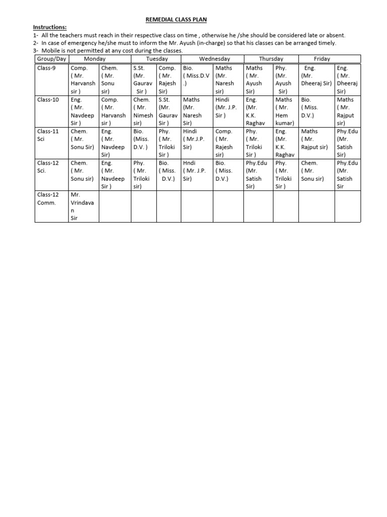 Remedial Class Schedule and Guidelines | PDF