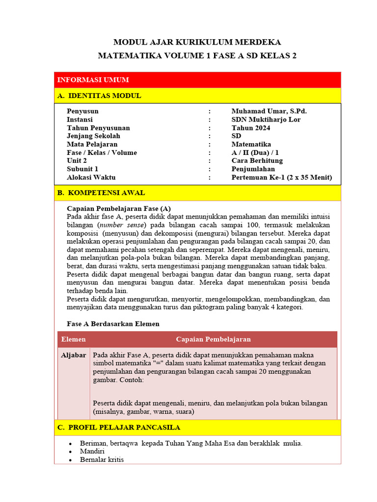 MODUL AJAR Matematika PMM Pak Umar September 2024 | PDF
