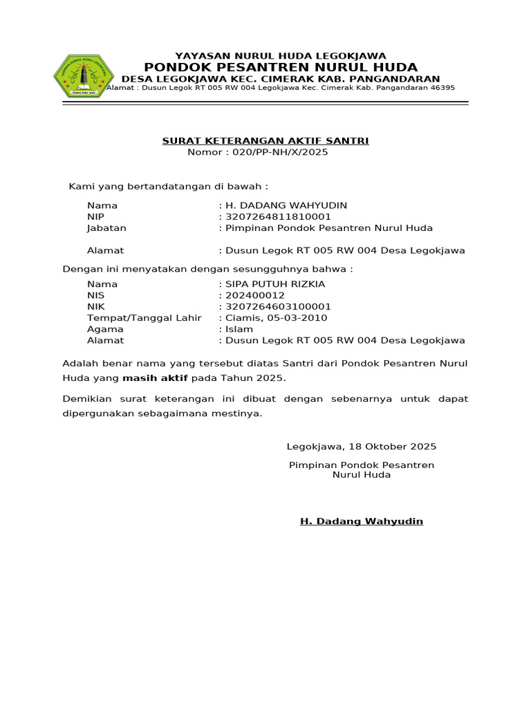 Contoh Surat Keterangan Aktif Santri | PDF