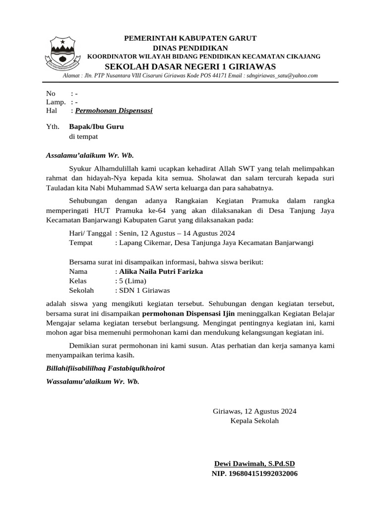Surat Permohonan Dispensasi Sekolah | PDF