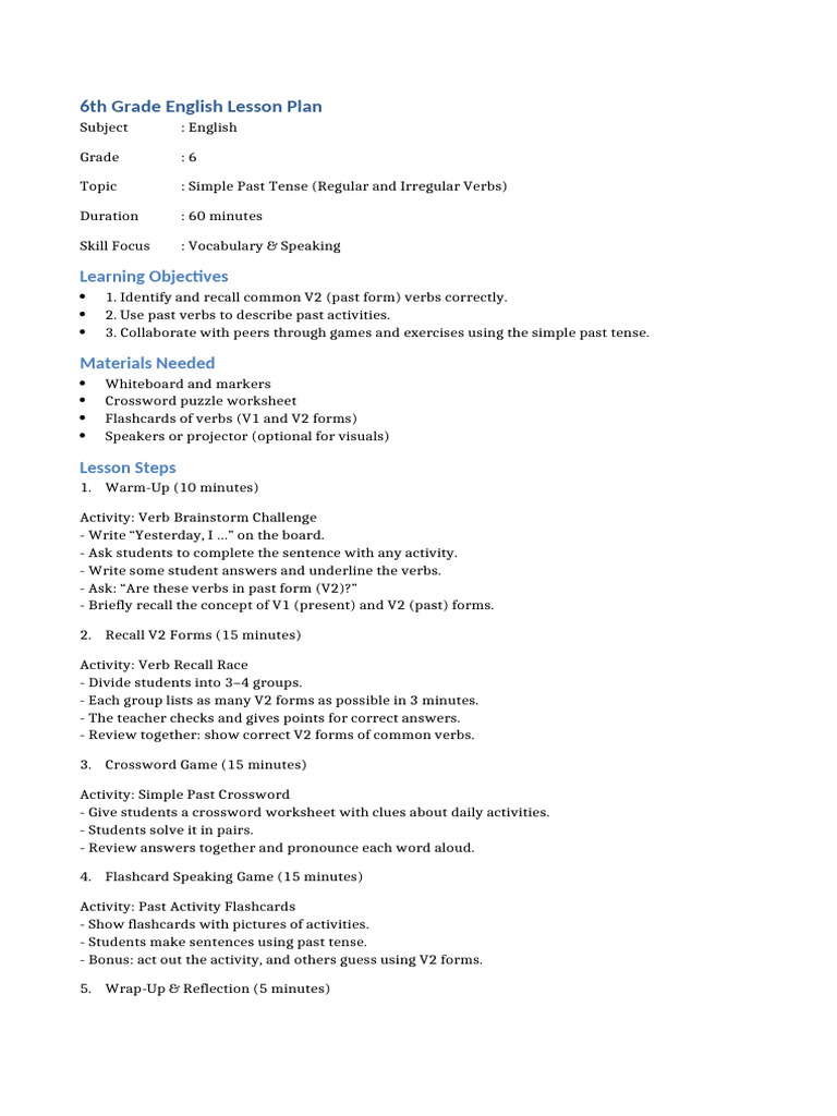 6th Grade English Lesson Plan Simple Past Tense | PDF