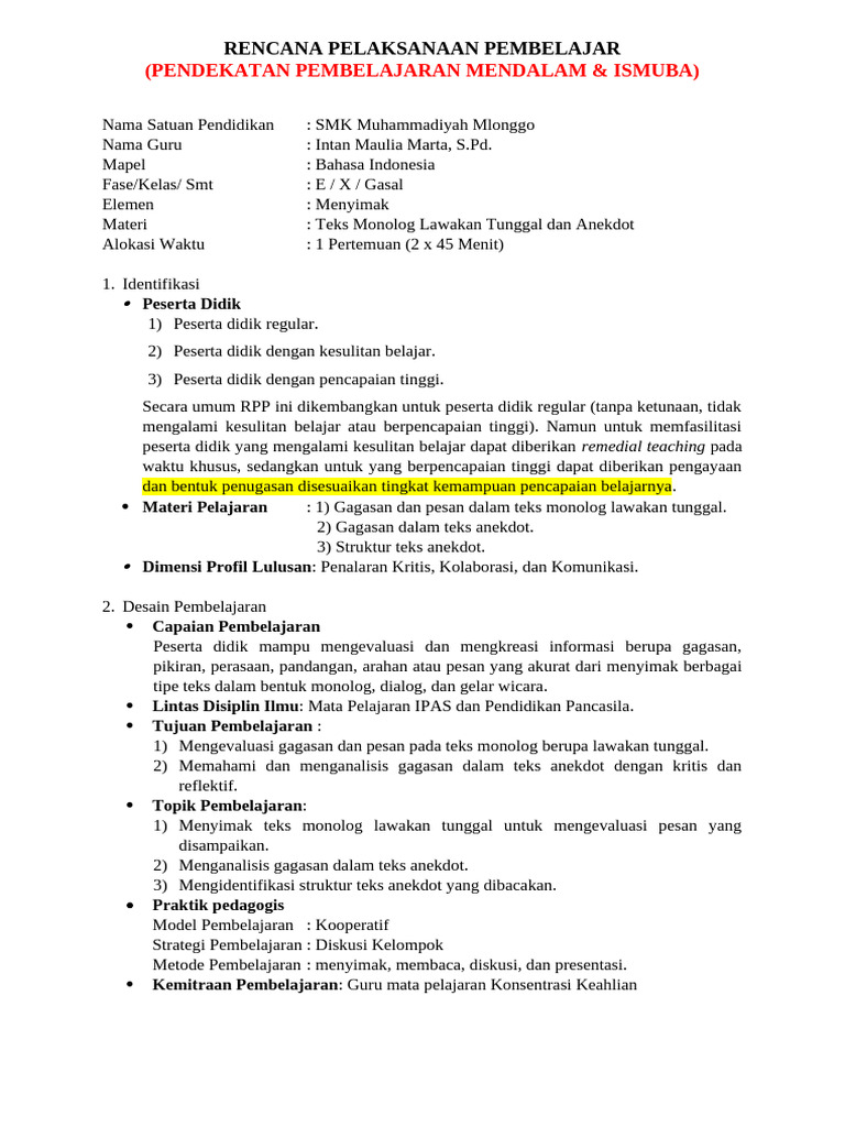 RPP Bahasa Indonesia: Teks Monolog & Anekdot | PDF