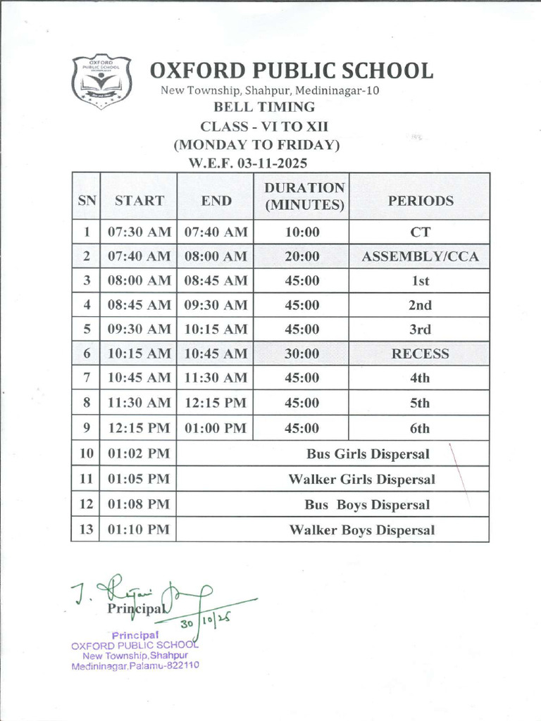 Bell Timing Class VI to XII Monday to Friday | PDF