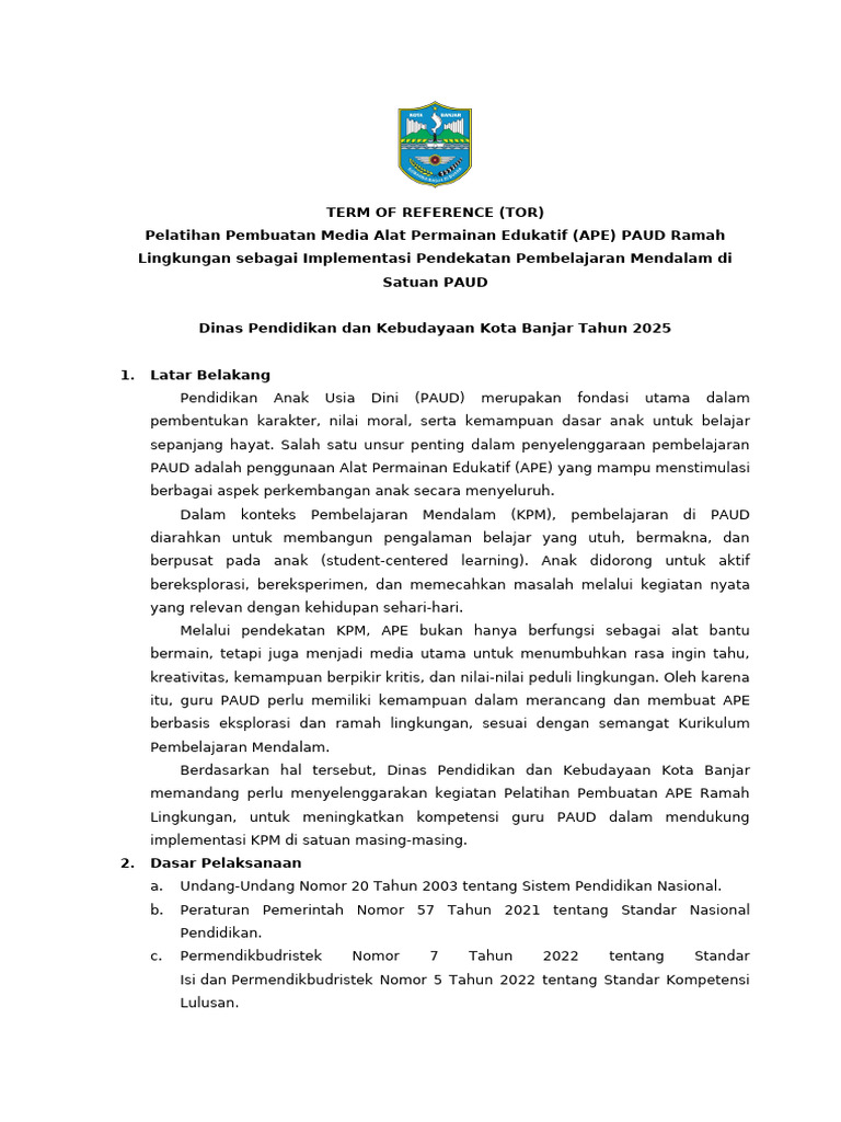 TOR Pelatihan Pembuatan APE 2025 | PDF