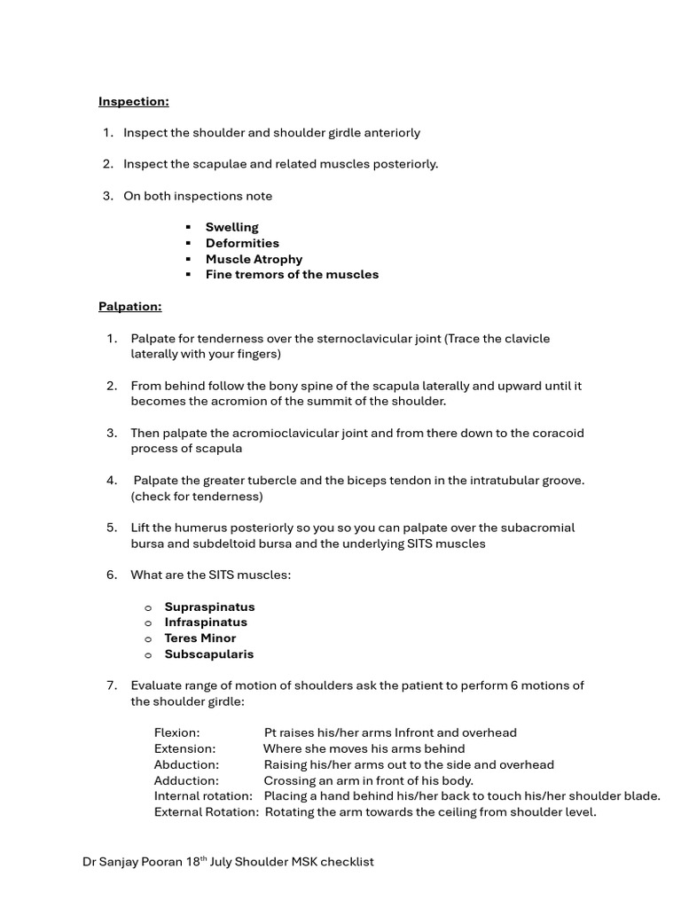 Shoulder Exam Checklist Guide | PDF | Shoulder | Anatomical Terms Of Motion