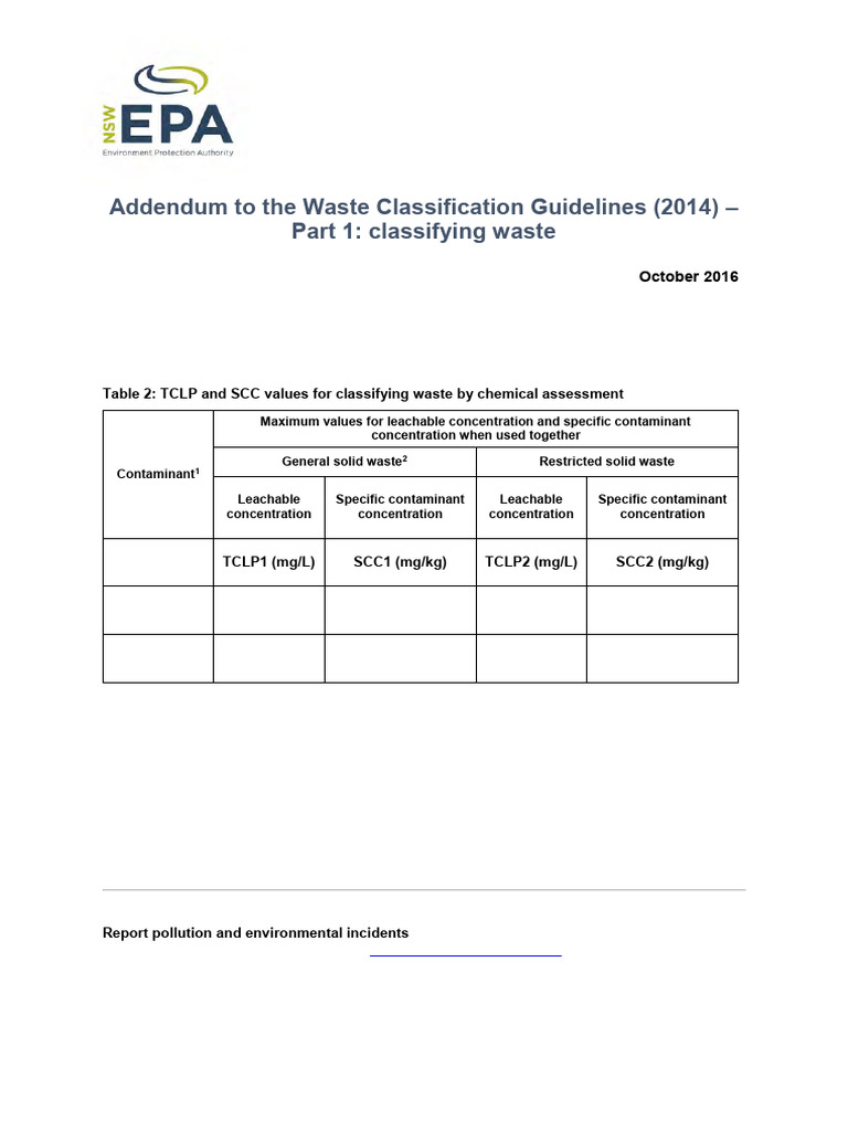 Addendum 1 To The Waste Classification Guidelines | PDF