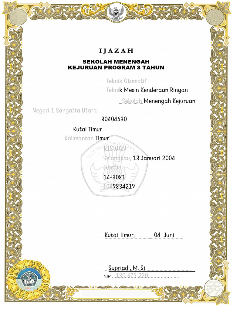Ijazah SMK 2021 Riswan 1 | PDF
