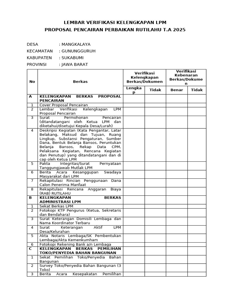 Format II-1 Lembar Verifikasi Kelengkapan LPM Proposal Pencairan | PDF