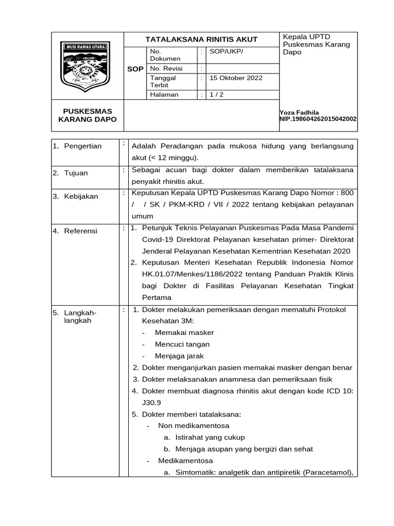Sop Tatalaksana Rinitis Akut | PDF