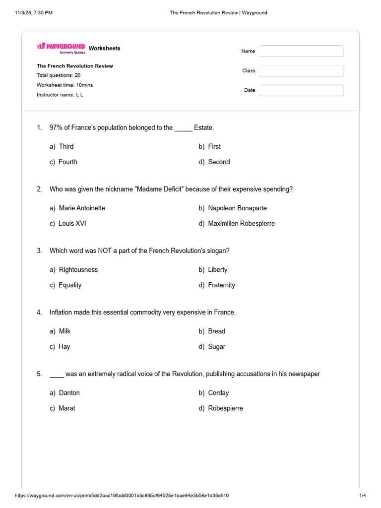 French Revolution Quiz Worksheet | PDF | French Revolution | Reign Of ...