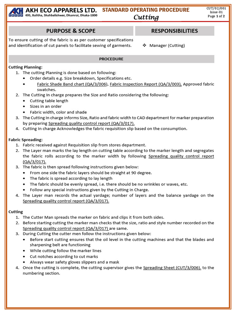 SOP For Cutting Section | PDF | Textiles