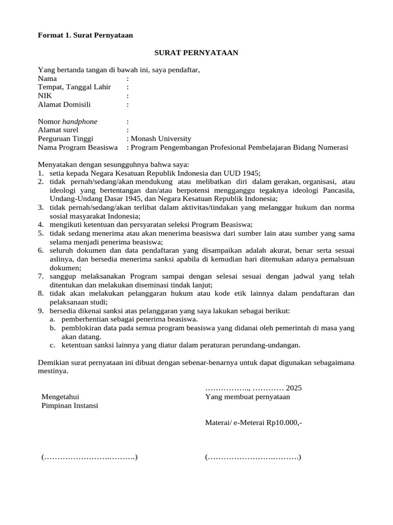 Format Lampiran Surat Pernyataan | PDF