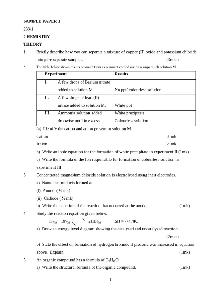 Chemistry Paper 1 + Marking Scheme | PDF | Solubility | Hydroxide