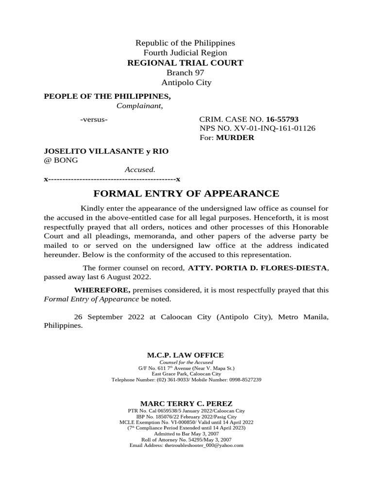 Formal Entry of Appearance in Murder Case | PDF | Public Law | Common Law