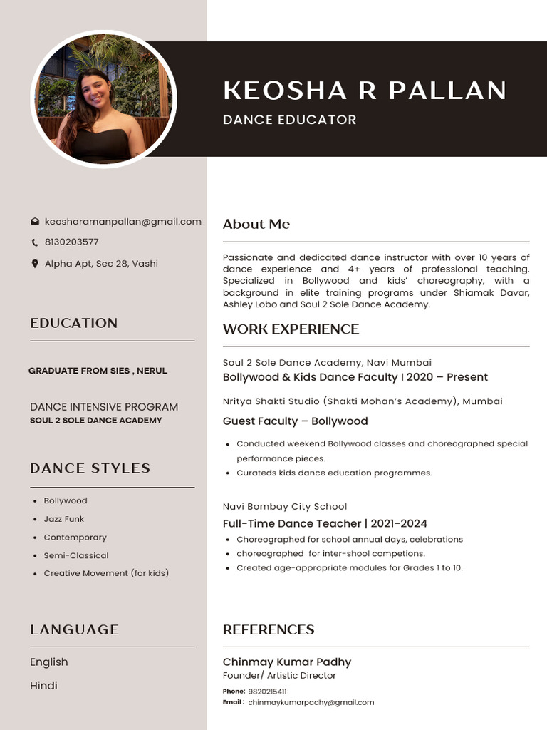 Keosha .R.pallan CV Resume | PDF | Dances | Choreography