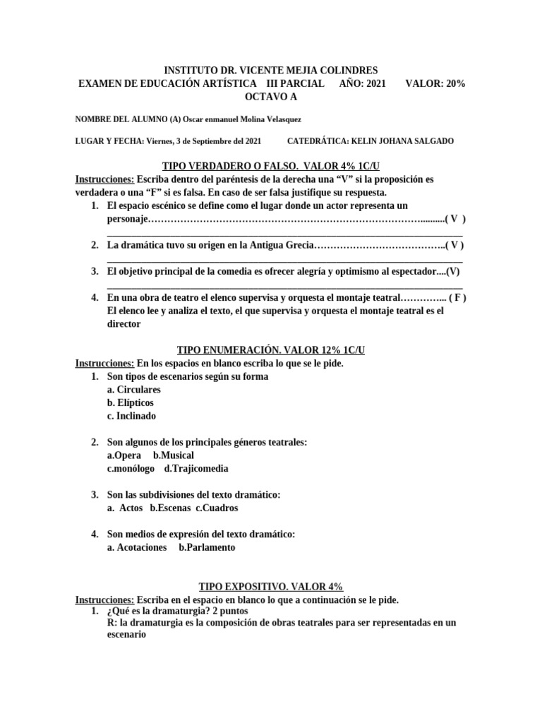 8VO. EXAMEN DE ARTÍSTICA. III PARCIAL, Oscar Emmanuel | PDF