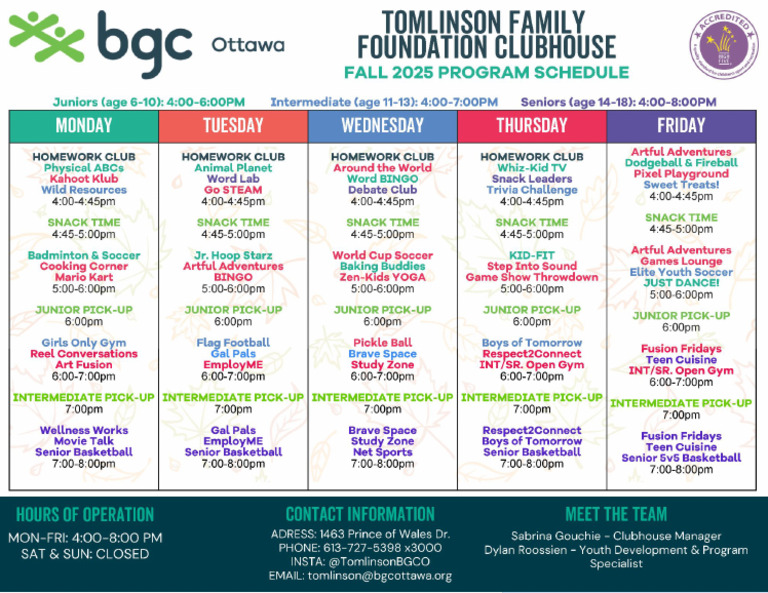 Tomlinson Family Foundation Clubhouse Schedule - BGC Ottawa | PDF