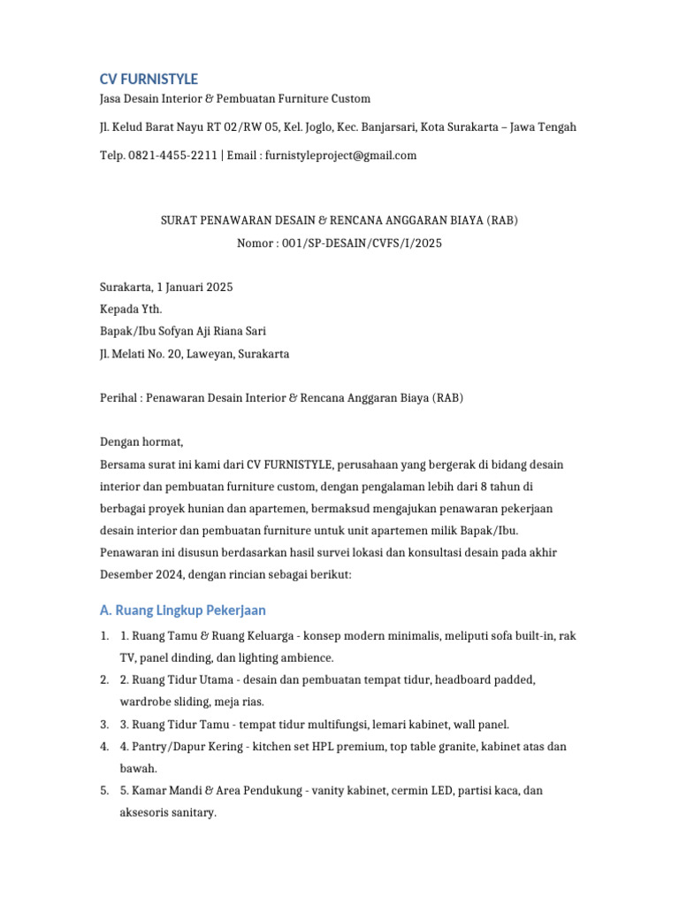Surat Penawaran Desain Dan RAB CV FurniStyle | PDF