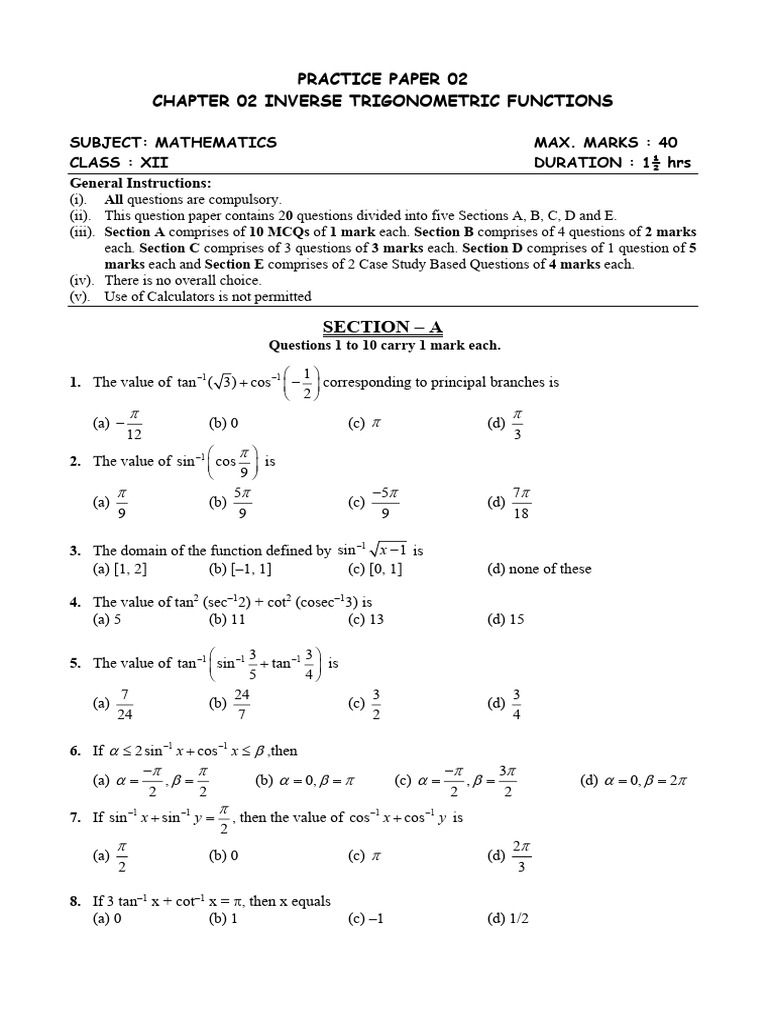 Practice Paper 02 Chapter 02 Inverse Trigonometric Functions | PDF ...