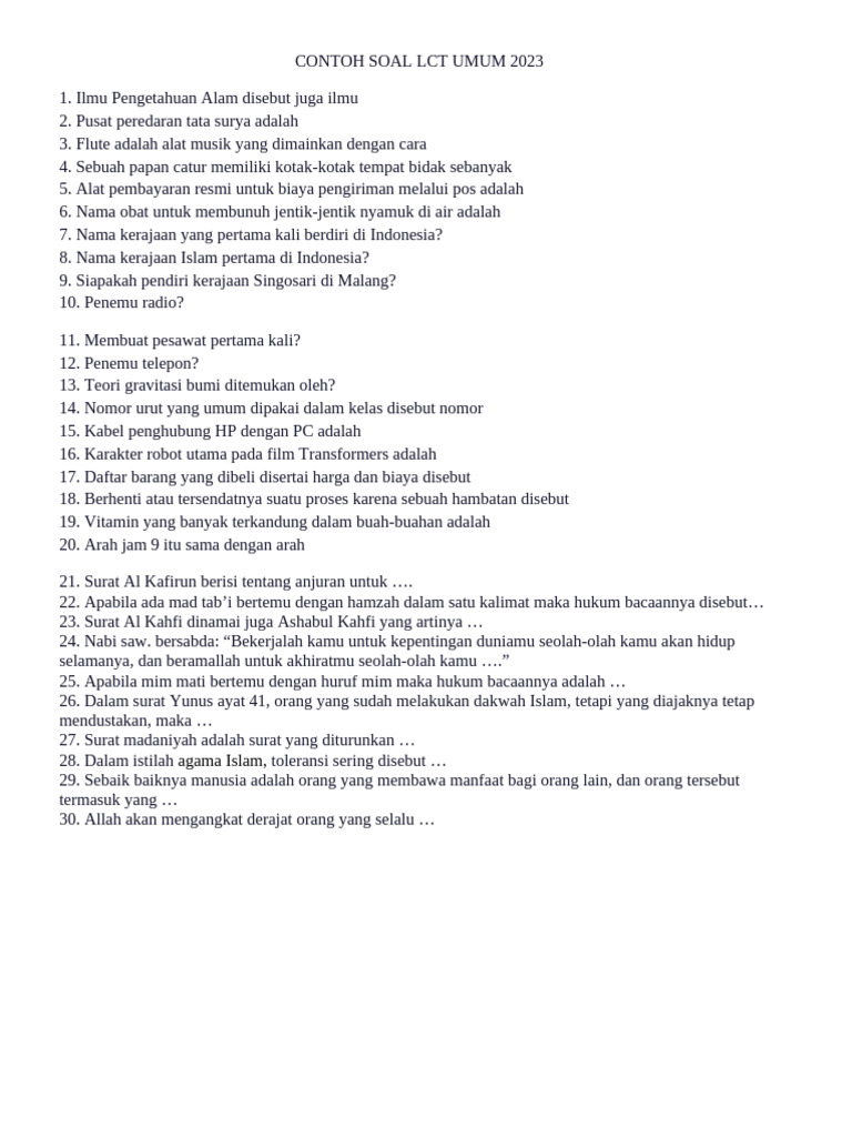 Contoh Soal LCT Umum 2023 | PDF