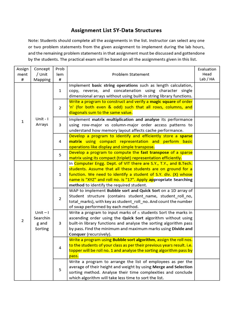 Data Structures Assignment List | PDF | Matrix (Mathematics) | Pointer ...