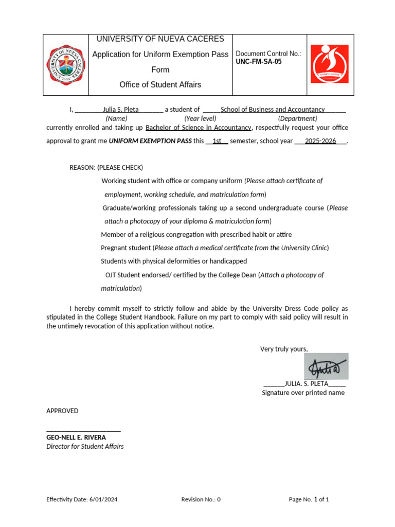 Application For Uniform Exemption Pass | PDF
