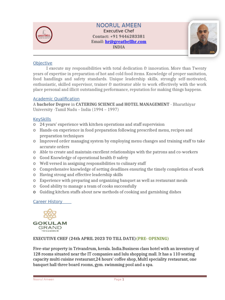 Noorul Ameen Executive Chef | PDF | Restaurants | Chef