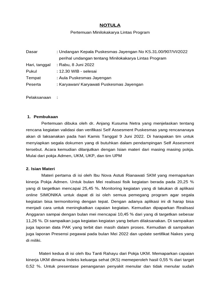 Notula Minilokakarya Puskesmas Jayengan | PDF