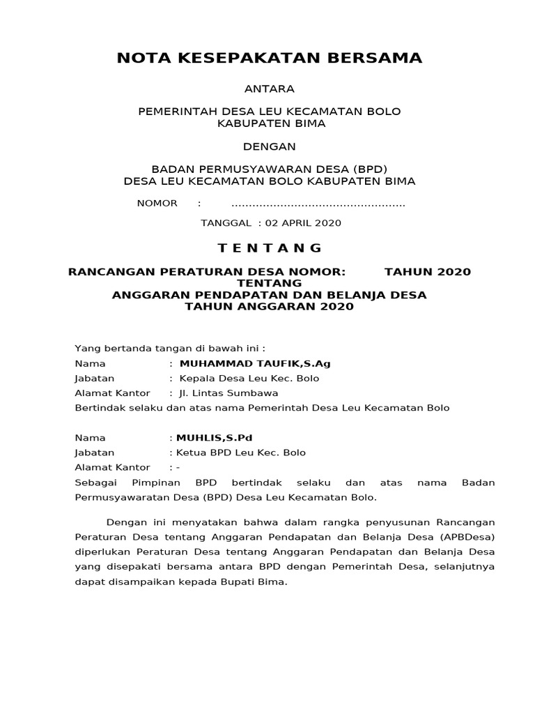 5. Contoh Nota Kesepakatan Bersama RAPBDesa TA. 2016 | PDF