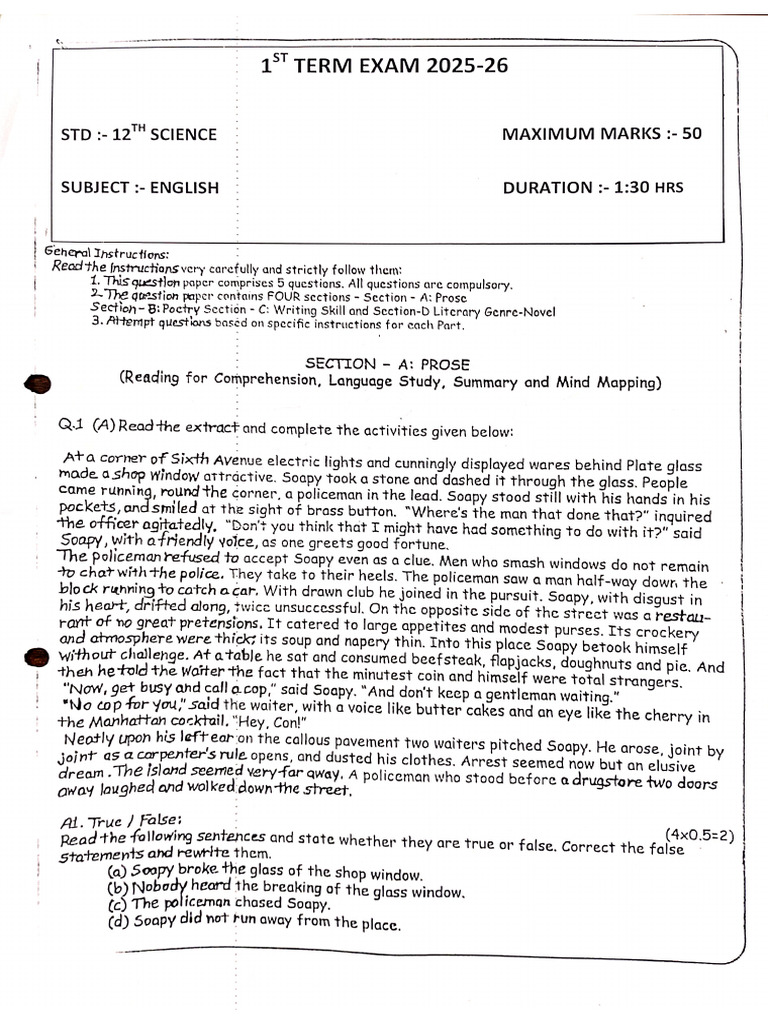 12th First Term Exam English Question Paper | PDF