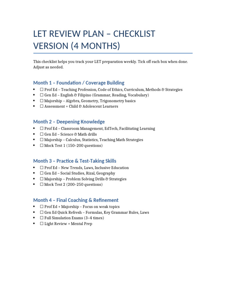 LET Review Plan Checklist: 4-Month Guide | PDF