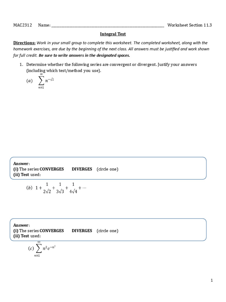 Integral Test Worksheet for Series Convergence | PDF | Mathematical ...