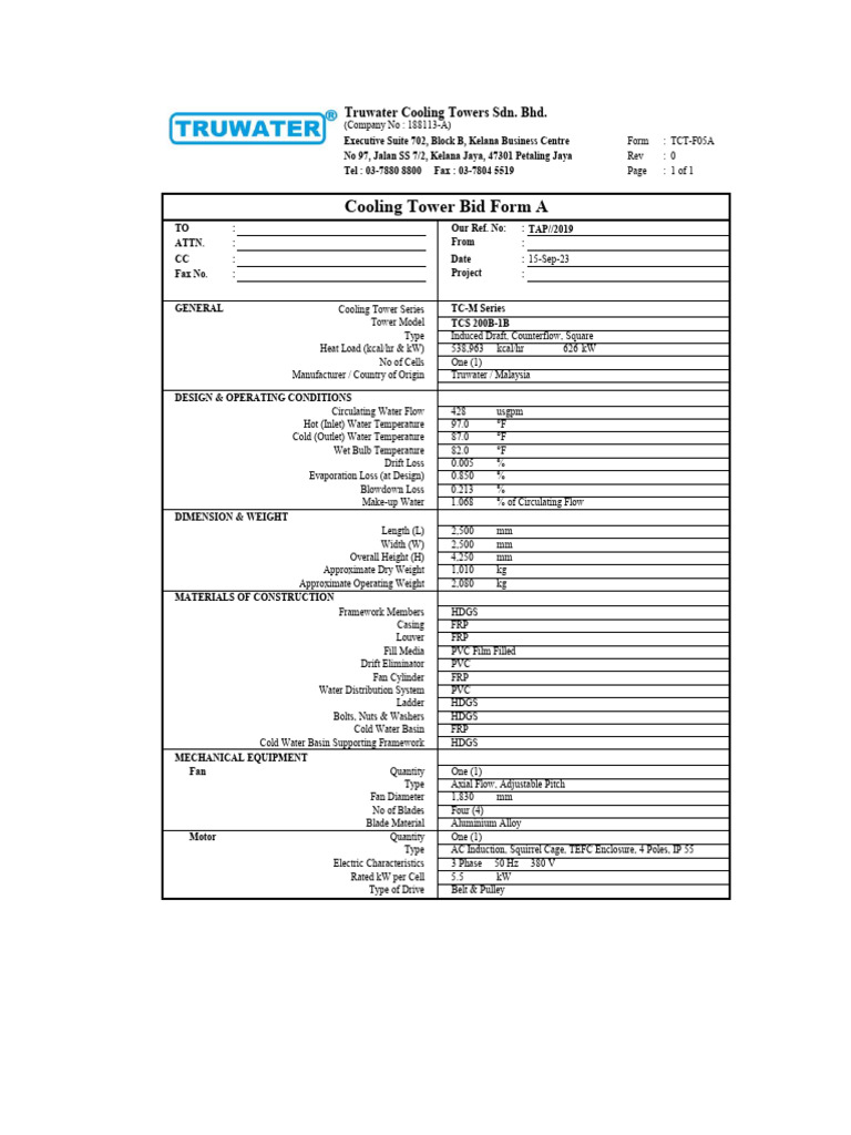 Truwater Cooling Tower 200RT | PDF | Mechanical Engineering