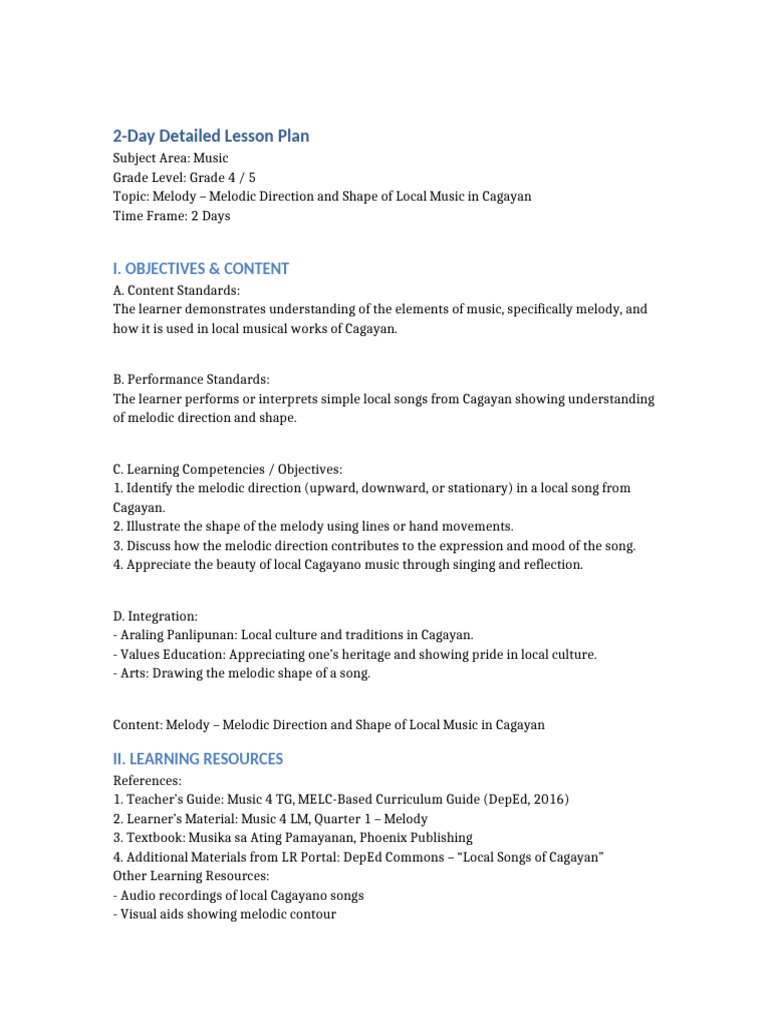 2 Day Lesson Plan Melody Cagayan | PDF | Learning | Lesson Plan
