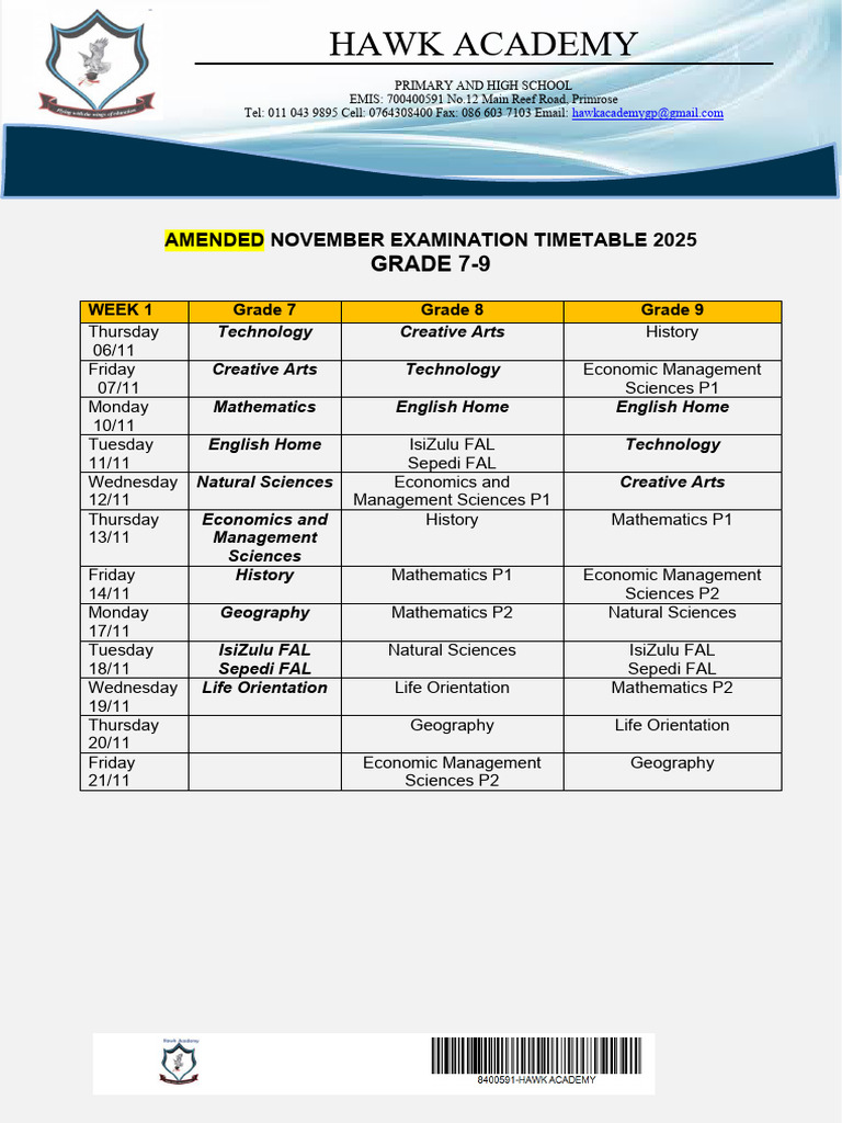 Grade 7-9 November Exam Timetable 2025 | PDF | Chess Theory | Chess