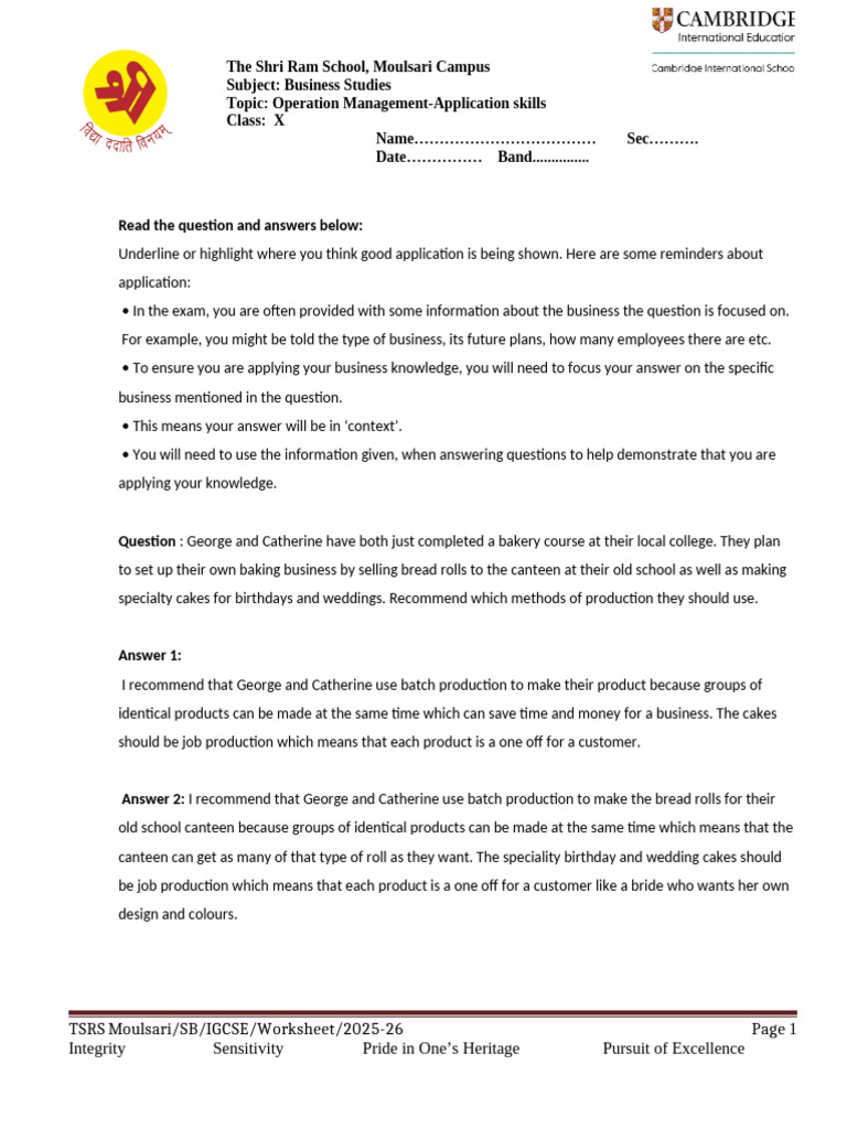 Operation Management - Application Worksheet - Arhan Patni 10A | PDF