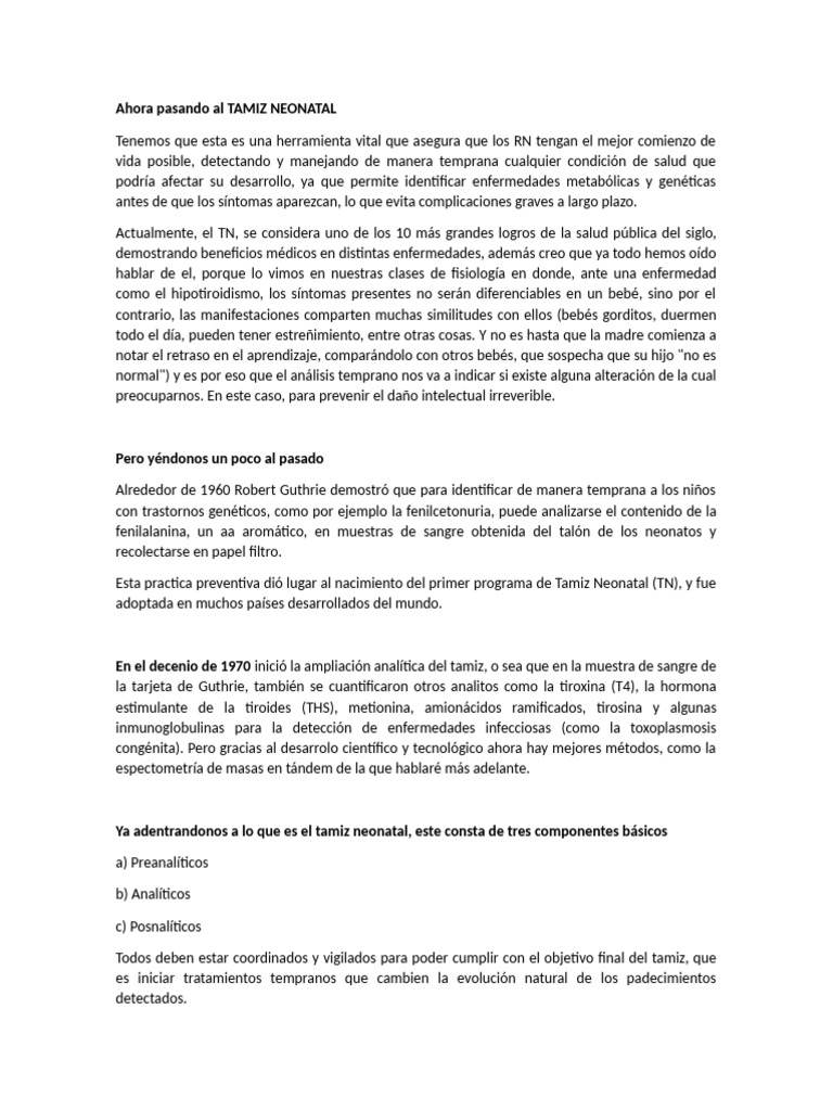 Importancia del Tamiz Neonatal en Salud Infantil | PDF | Infantes ...