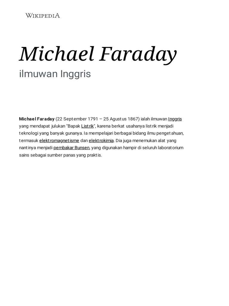 Michael Faraday - Wikipedia Bahasa Indonesia, Ensiklopedia Bebas | PDF