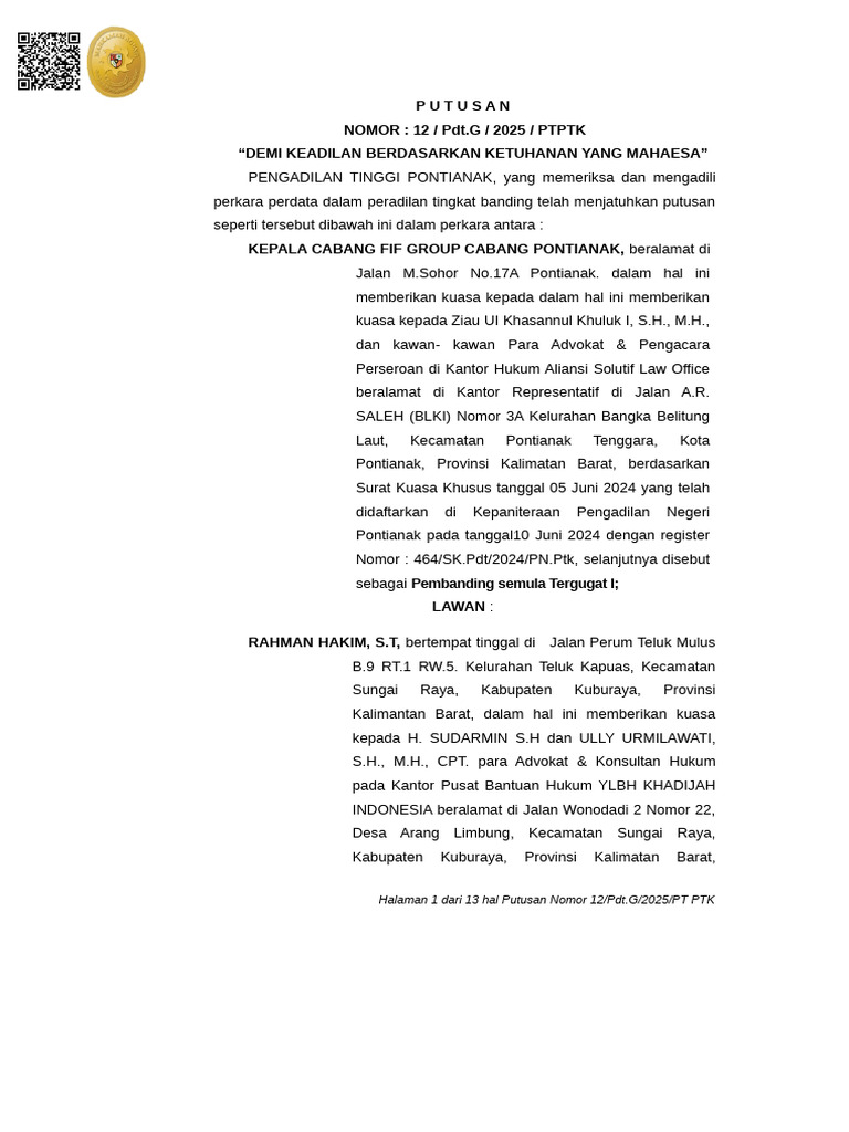 Putusan Perkara Perdata PT Pontianak | PDF