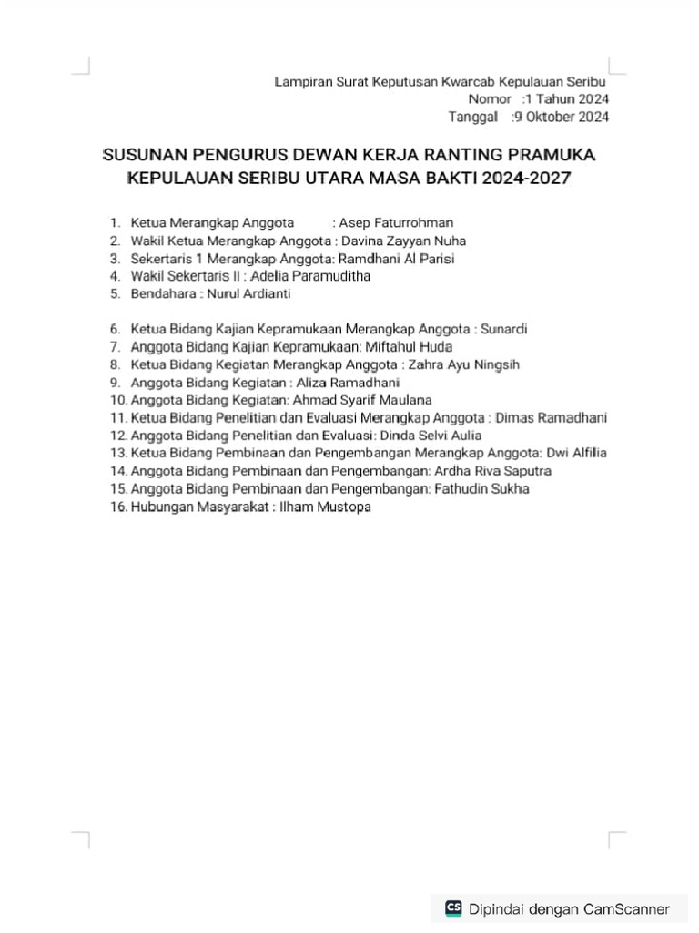 Susunan Pengurus Dewan Kerja Ranting 2024-2027 | PDF