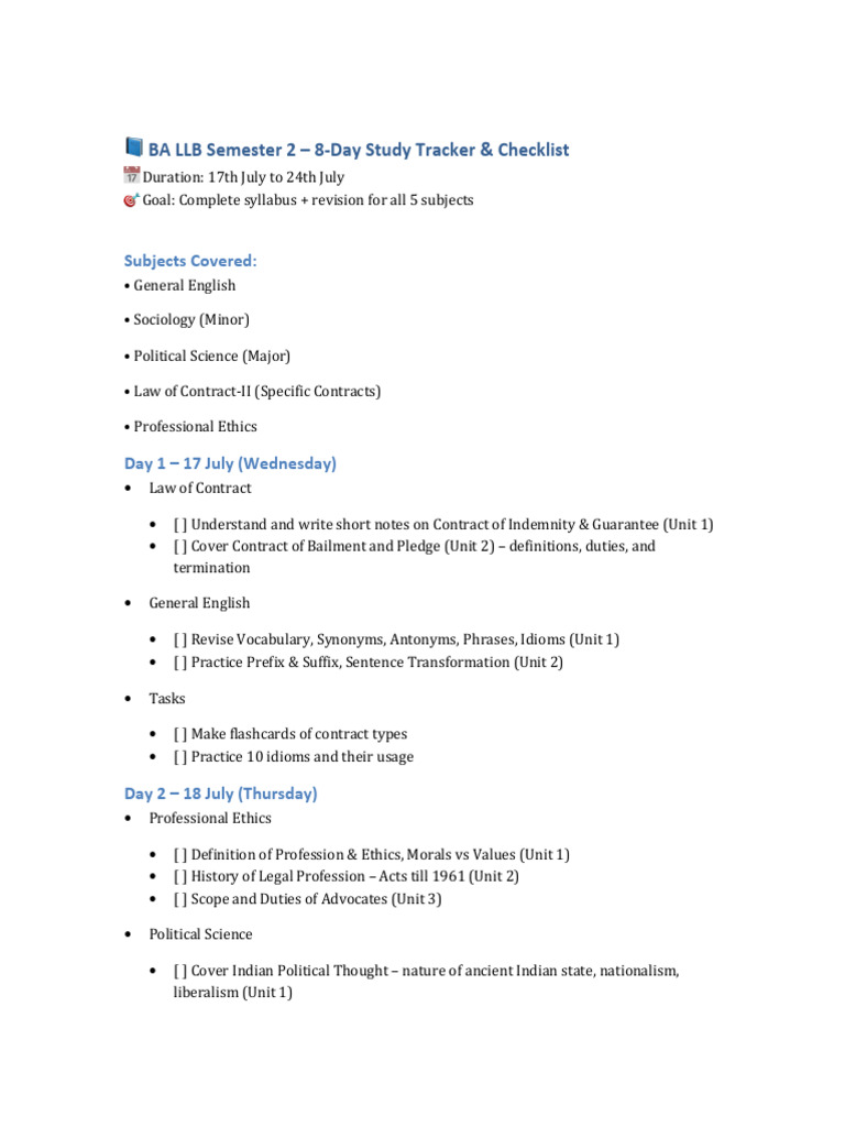 BA LLB Sem2 8day Study Tracker | PDF | Liberal Arts Education