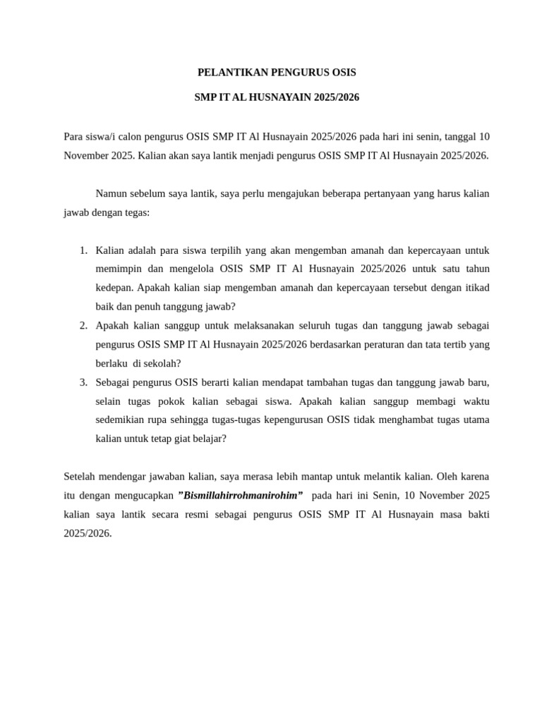 Teks Pelantikan Pengurus Osis 2025-2026 | PDF