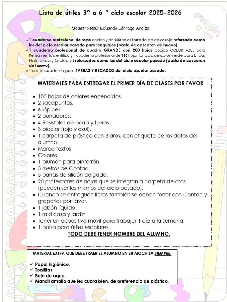 Lista de Útiles 3-6 | PDF