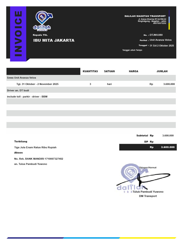 Invoice Sewa Mobil Avanza Magetan | PDF
