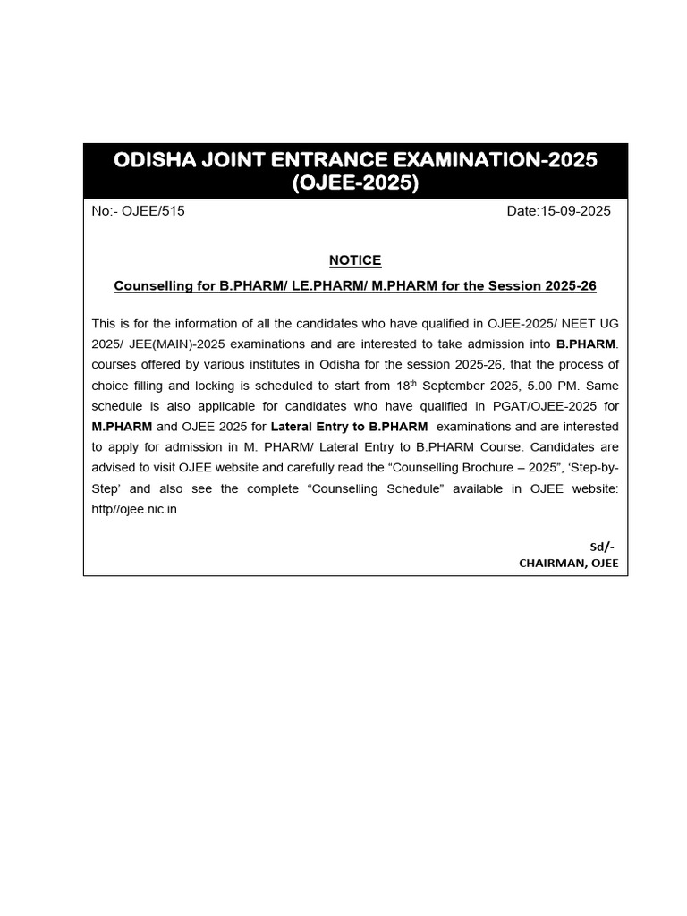 Odisha Joint Entrance Examination-2025 (OJEE-2025) | PDF