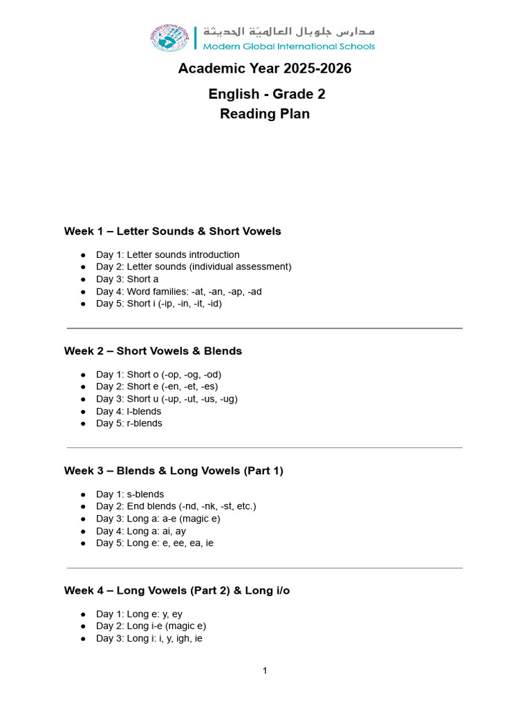 Grade 2 Reading Plan 2025-2026 | PDF