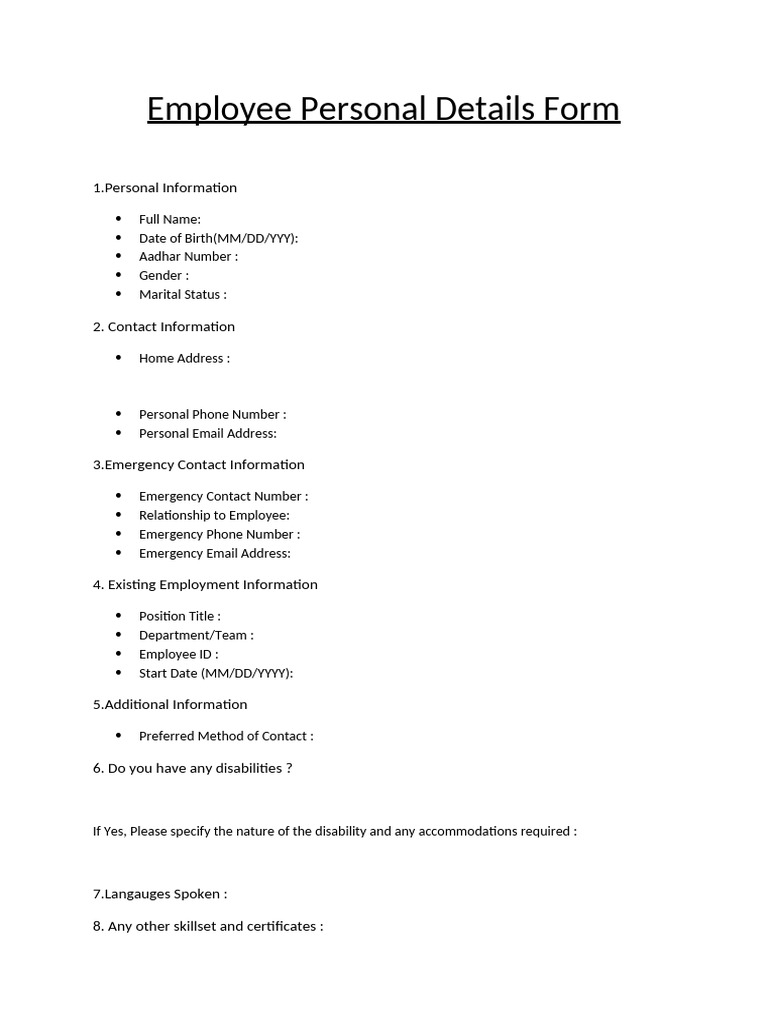 Employee Personal Details Form | PDF
