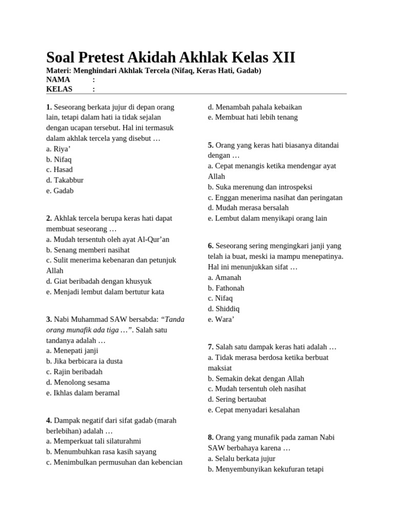 Pretest Akidah Akhlak Kelas XII: Akhlak Tercela | PDF